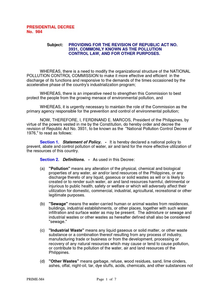 PD 984 (Providing Revision of RA 3931 - Pollution Control La | PDF ...