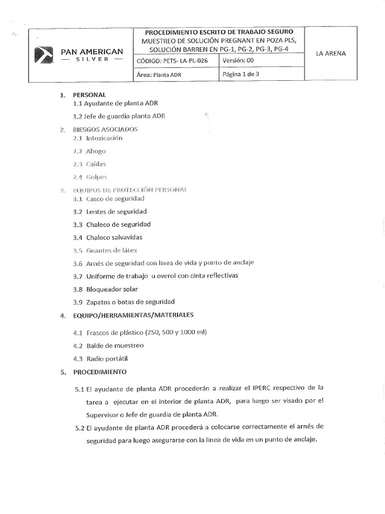 Pets-La-Pl-026 Muestreo de Solución Pregnant en Poza PLS, Solución Barren en PG1, PG2, PG3 y PG4 ...