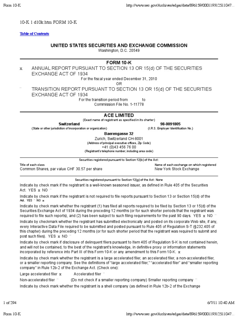 2011 ACE Limited (NYSE: ACE) 10-K | PDF | Liability Insurance | Insurance