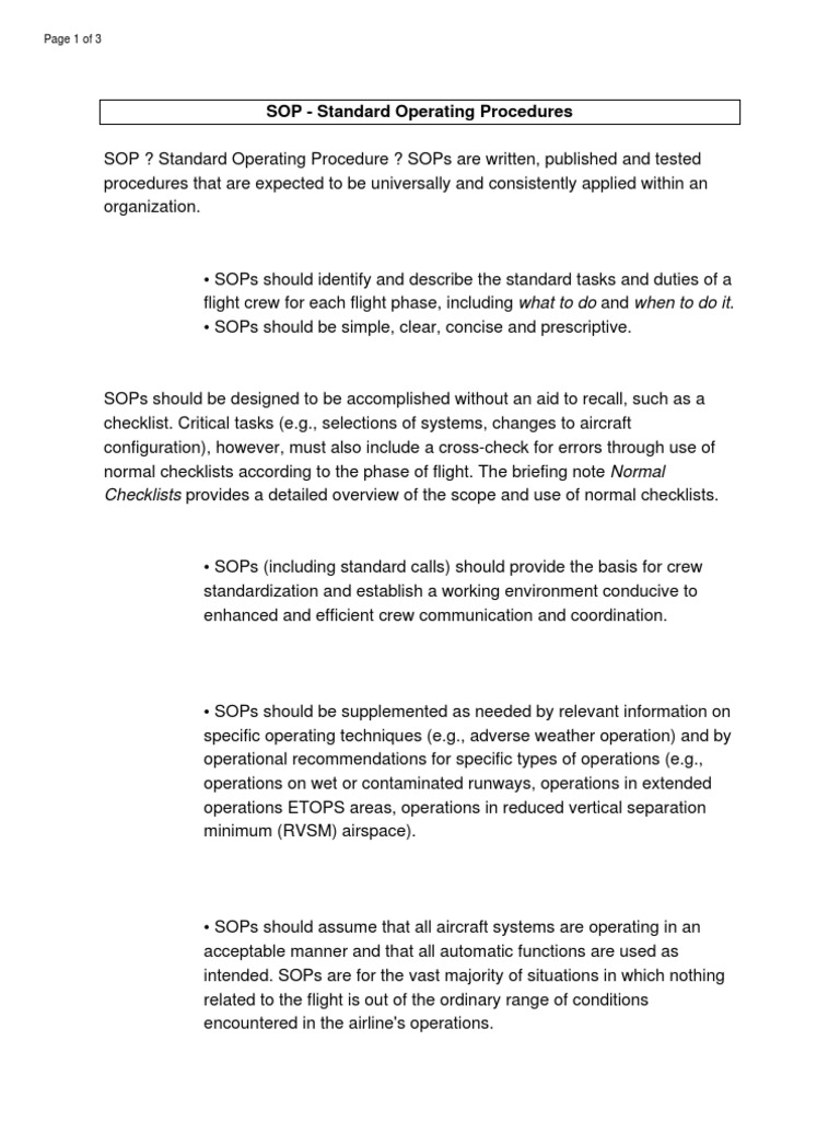 Sop Standard Operating Procedures | Aviation Safety | Aviation ...