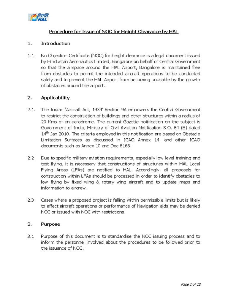 NOC Procedure for Height Clearance at HAL | PDF | Sea Level | Airport