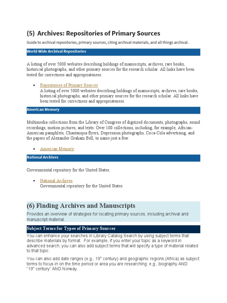 Archives: Repositories of Primary Sources: (6) Finding Archives and ...