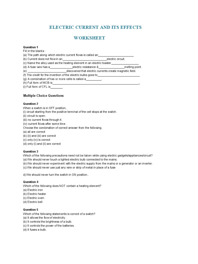 Electric Current Effects Worksheet | PDF | Incandescent Light Bulb ...