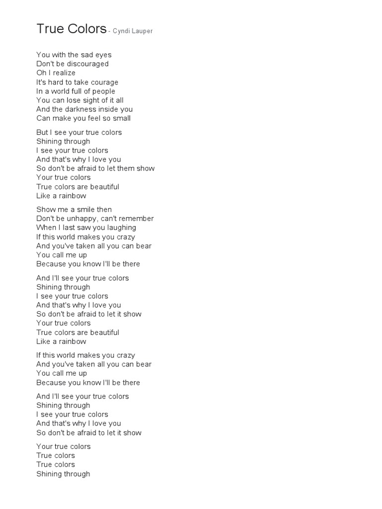 True Colors: - Cyndi Lauper | PDF | Poetry