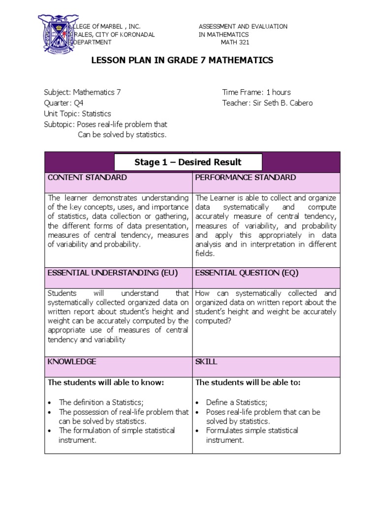 Grade 7 UBD LP | PDF | Statistics | Teaching Mathematics