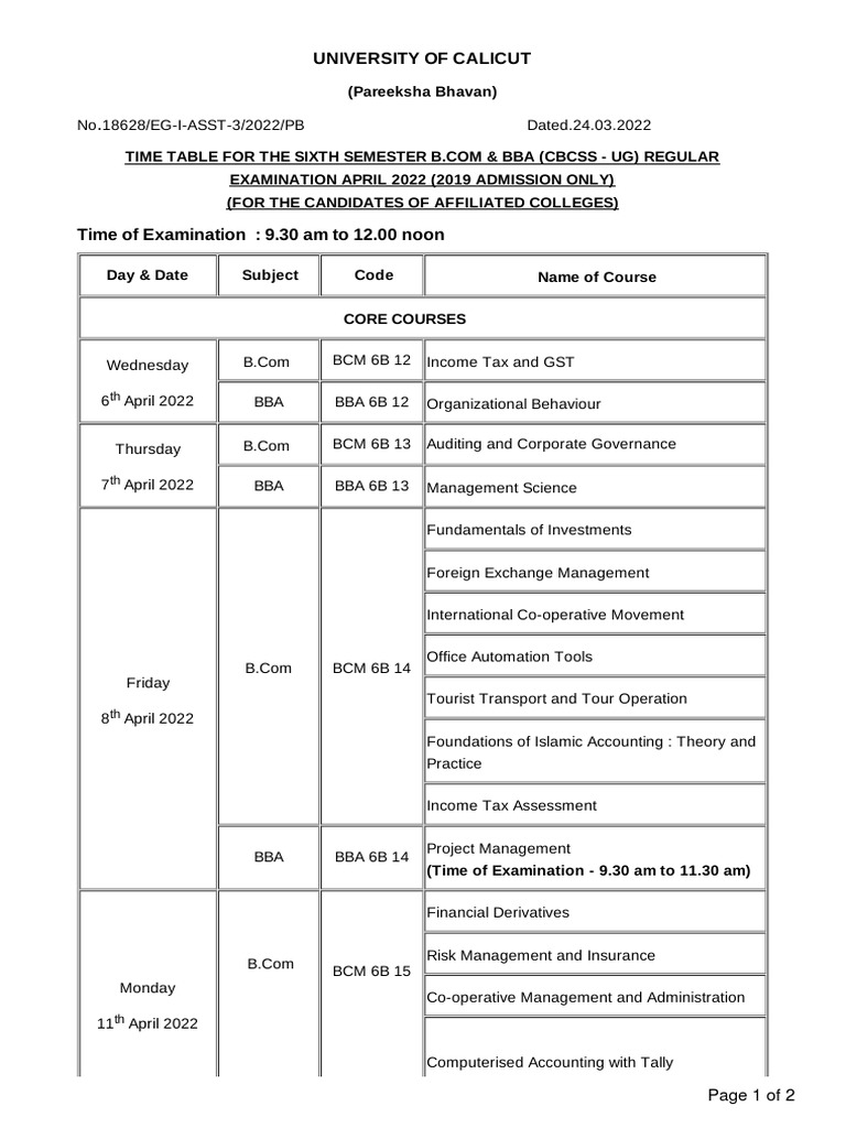 Calicut Univ. B.Com & BBA Exam Schedule | PDF | Taxes | Public Finance