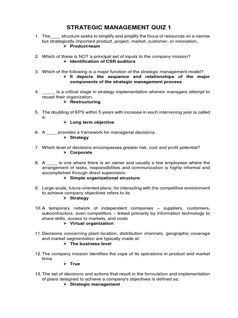 Strategic Management Quiz 1 | PDF | Strategic Management | Business