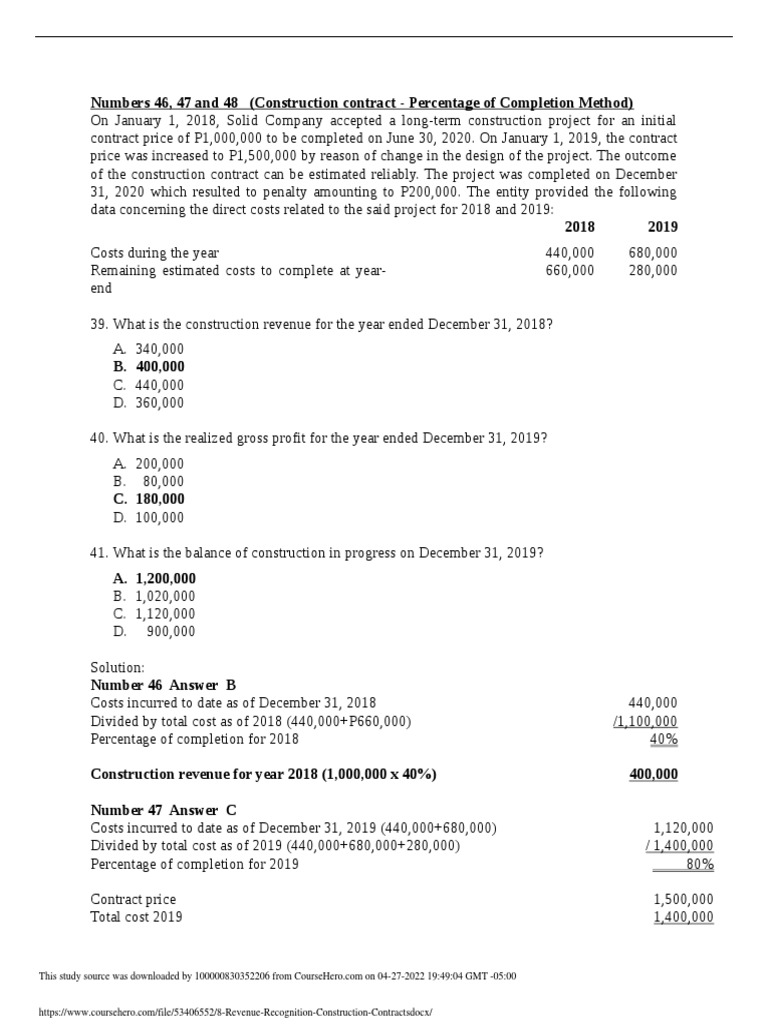 8 Revenue Recognition Construction Contracts | PDF | Cost | Prices