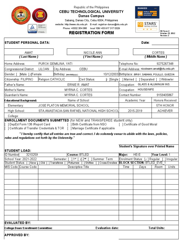 Registration Form for Nicole Ann Amat, a First Year Bachelor of ...