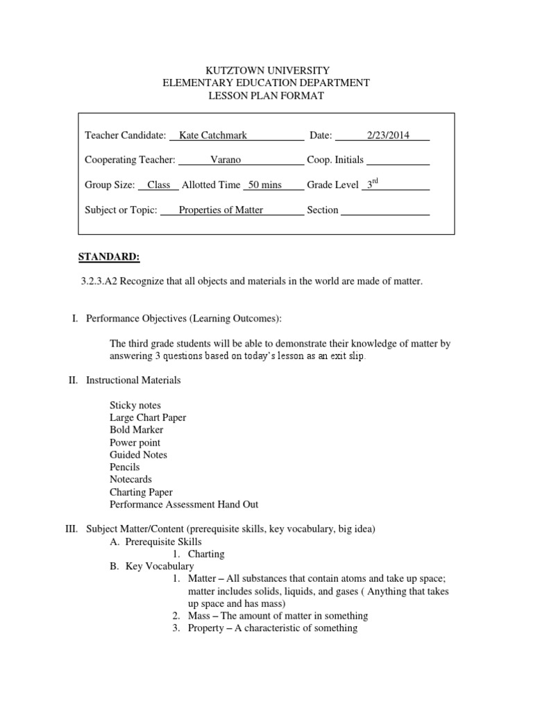 Properties of Matter Lesson Plan | PDF | Learning | Cognition
