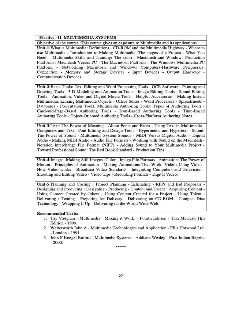 Multimedia Systems Syllabus | PDF
