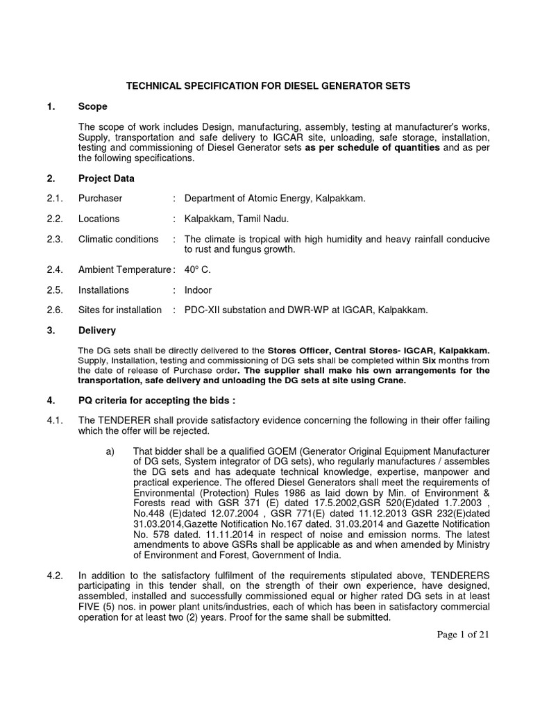 Technical Specification For Diesel Generator Sets 1. Scope | PDF ...