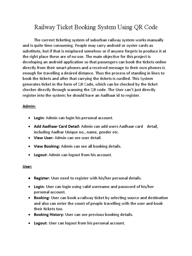 Railway Ticket Booking System Using QR Code: Admin | Download Free PDF | Qr Code | User (Computing)