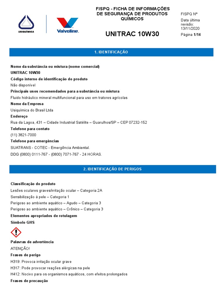 FISPQ-Valvoline Unitrac Fluid 10W30 | PDF | Embalagem e rotulagem ...
