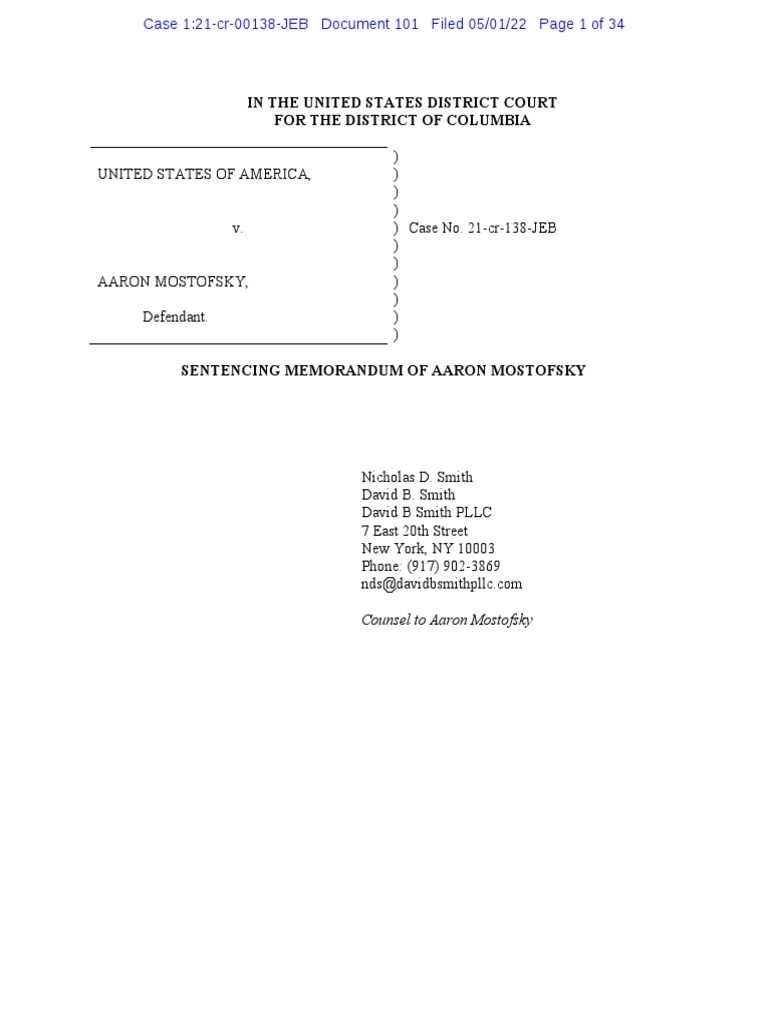 Sentencing Memorandum For Aaron Mostofsky | PDF | United States Federal ...