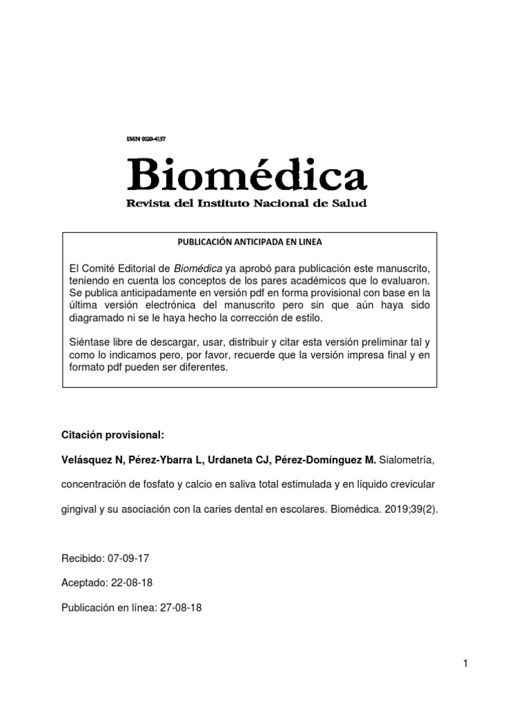 Sialometría, Concentración de Fosfato y Calcio en Saliva Total ...