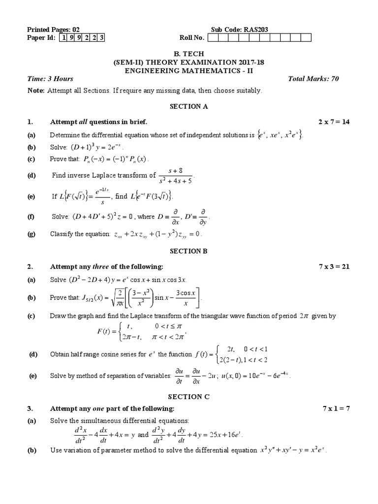 Engineering Mathematics II Exam Q&A | PDF | Equations | Laplace Transform