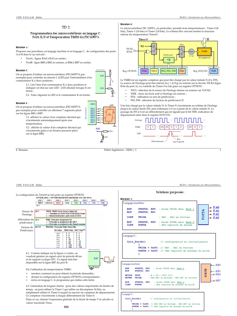 Programmation Des Microcontrôleurs en Langage C: Ports E/S Et Temporisateur TMR0 Du PIC16F87x. N ...