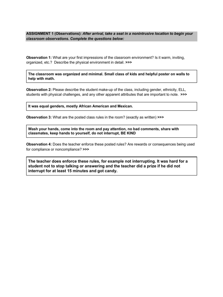 Field Observation Assignment | PDF | Special Education | Teachers