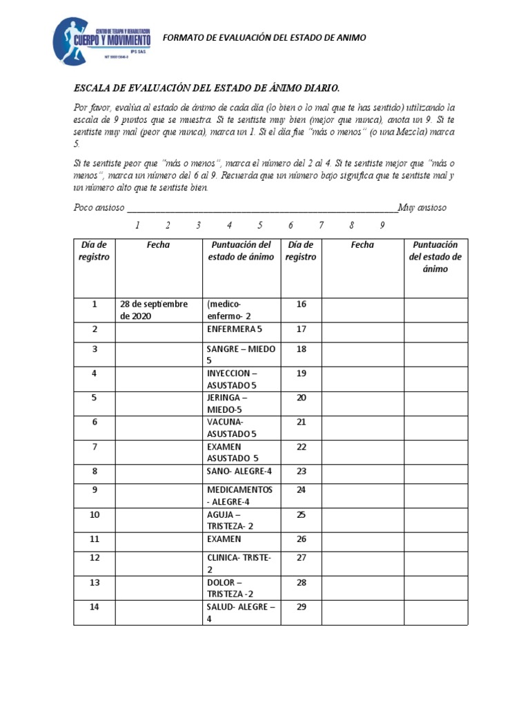 Escala de Evaluación Del Estado de Ánimo Diario | PDF | Ciencias de la ...