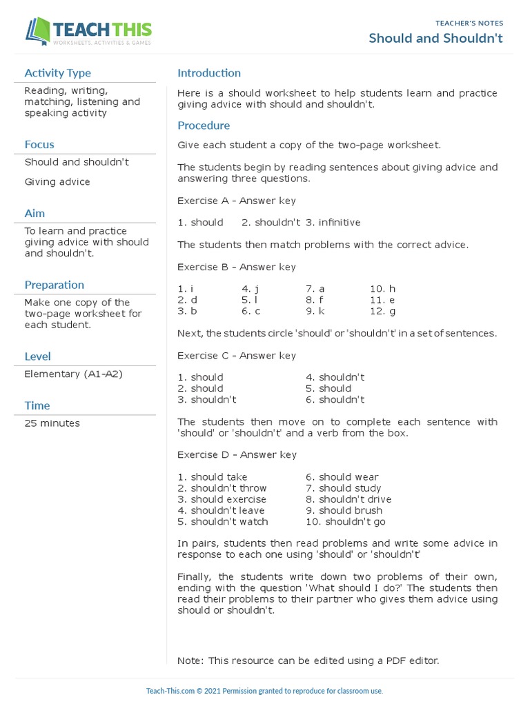 Should and Should Not Worksheet | PDF