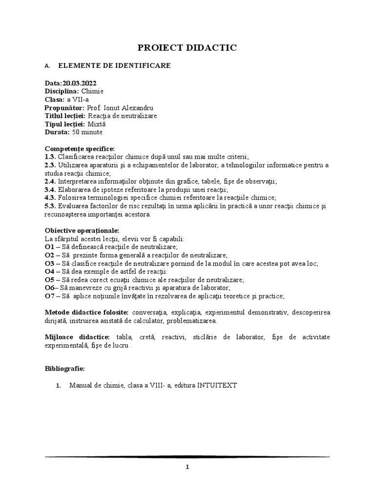 Proiect Didactic de Lectie Clasa 7-A CHIMIE - REACTII de NEUTRALIZARE | PDF