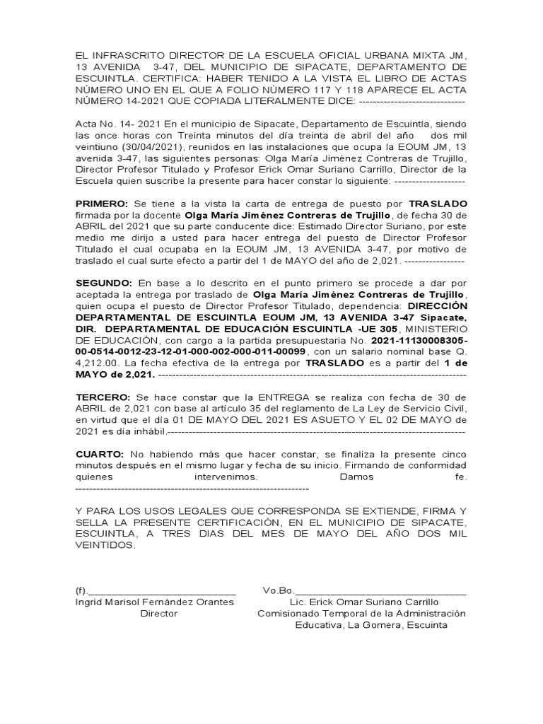 Actas de Entrega de Cargo Olga | PDF