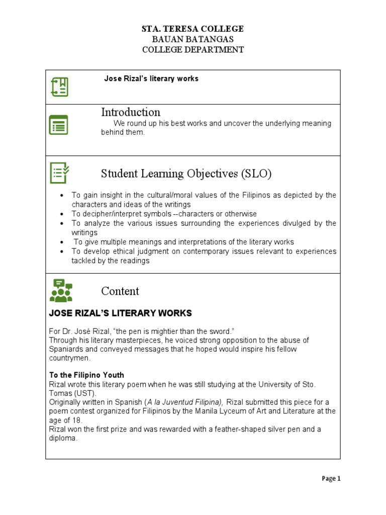 Week 10 Jose Rizal's Literary Works | PDF | Philippines