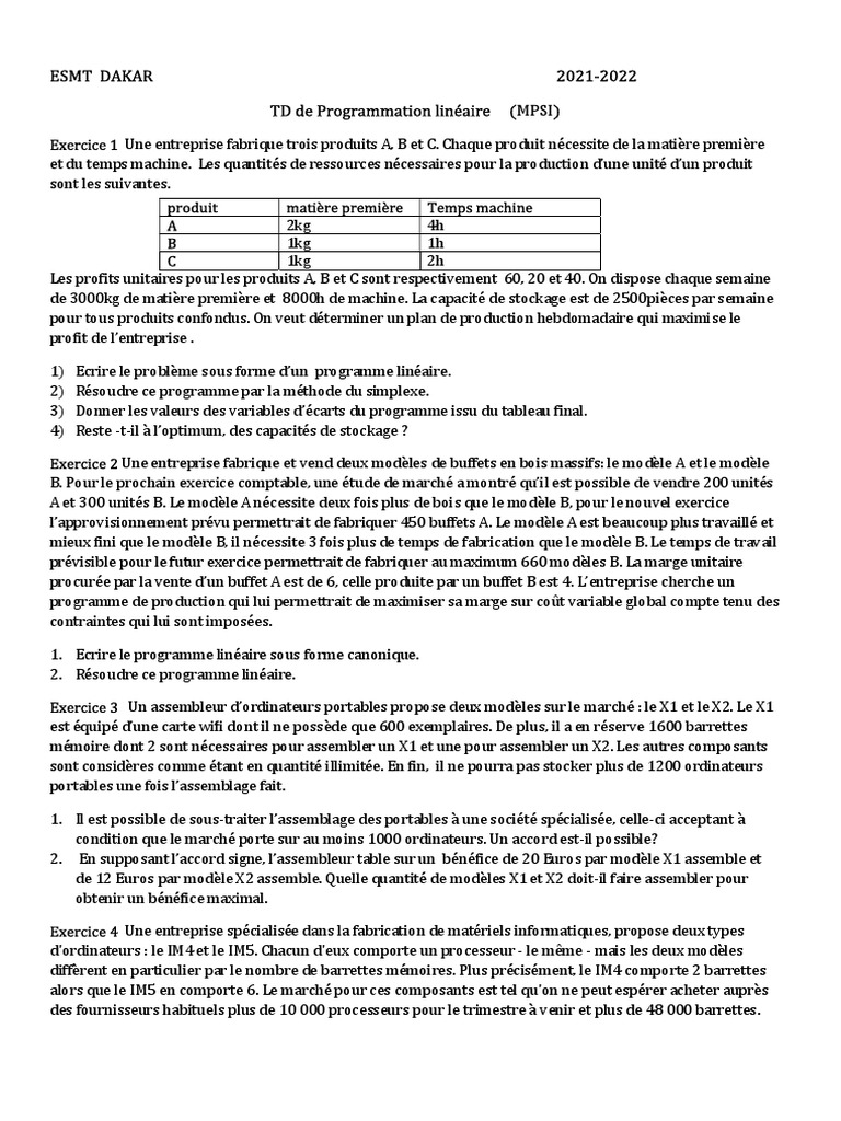 ESMT TD PL 21-22 | Descargar gratis PDF | Optimisation linéaire | Assembleur