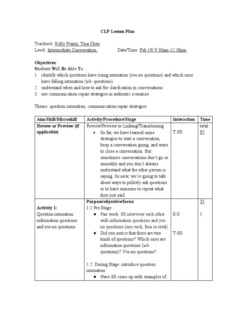 Question Intonation and Communication Repair Lesson Plan | Download ...