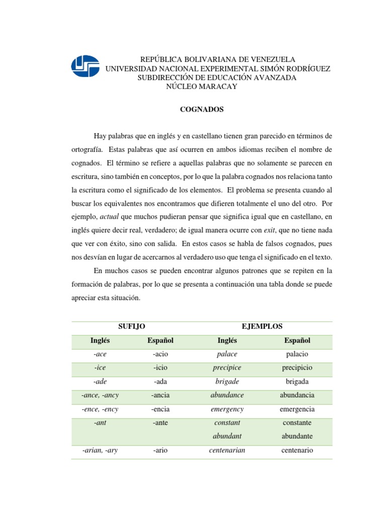 Definición de Cognados y Falsos Cognados | PDF | Lengua española ...