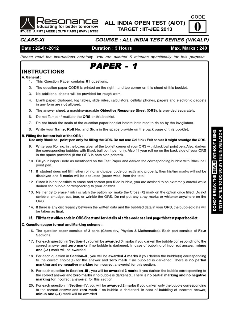Paper - 1: All India Open Test (Aiot) | Download Free PDF | Ellipse | Gases