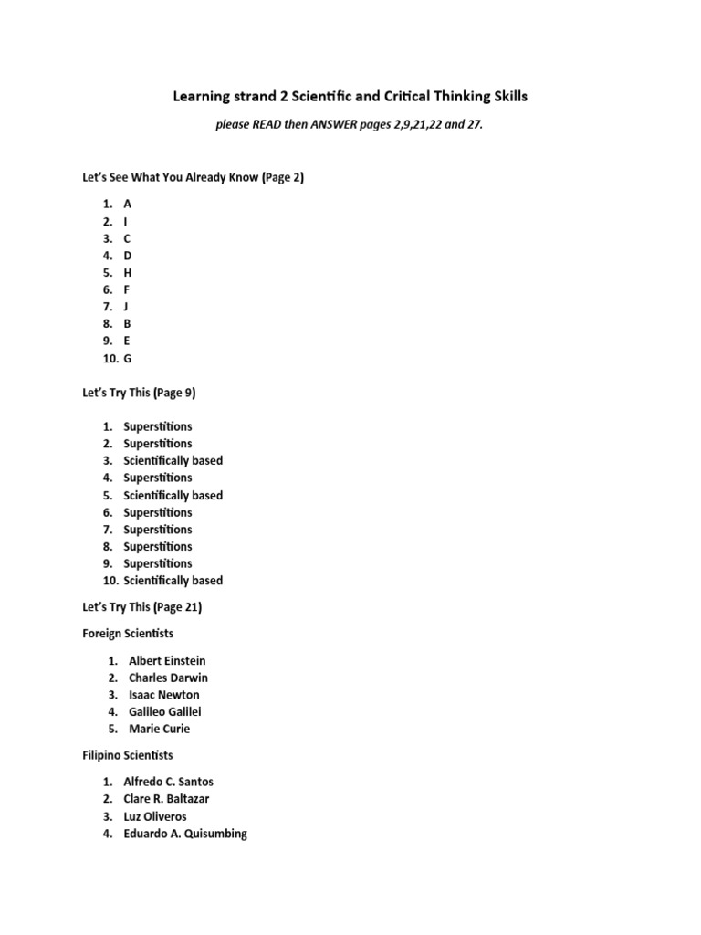 Learning Strand 2 Scientific and Critical Thinking Skills ...