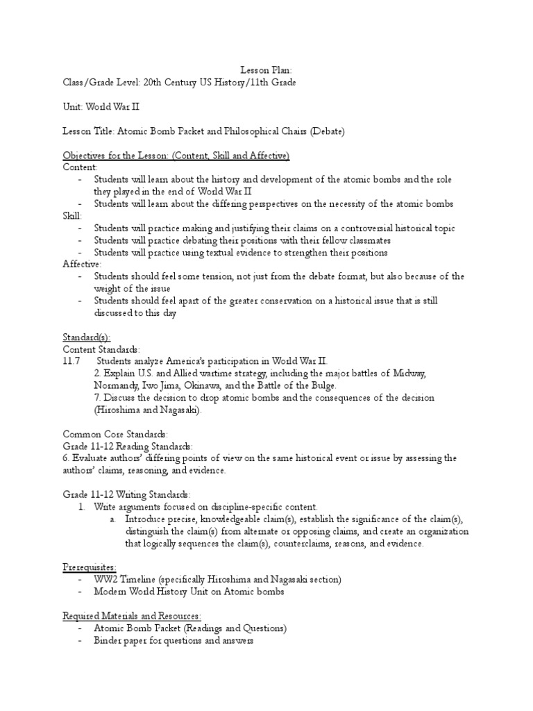 Edtpa Lesson Plan 3 Atomic Bomb Packet and Philosophical Chairs | PDF ...