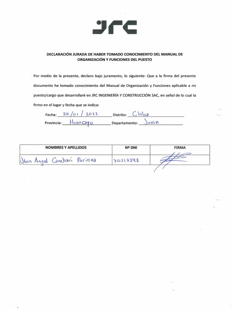 Declaracion de Jurada de Haber Tomado Conocimientos | PDF