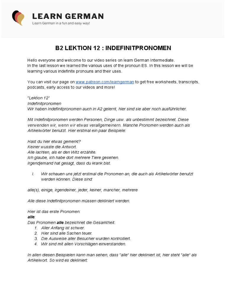 B2 - Lektion 12 - Indefinitpronomen | PDF
