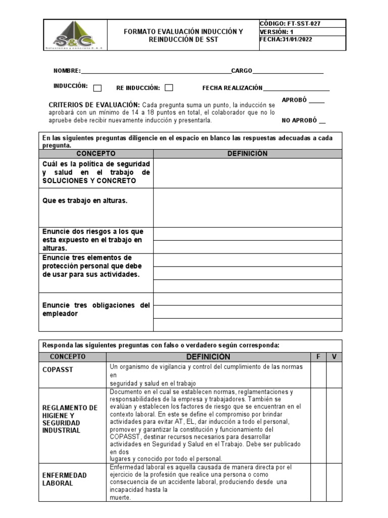 Formato Evaluacion de Induccion S&C | PDF