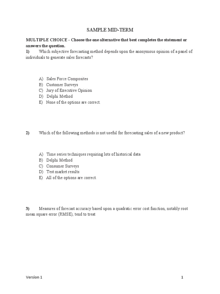 Sample Midterm Forecasting With Key | PDF | Forecasting | Errors And ...