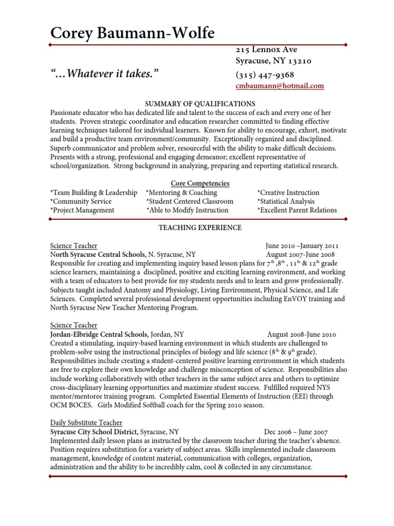 Corey Baumann-Wolfe Teaching Resume | PDF | Teachers | Mentorship