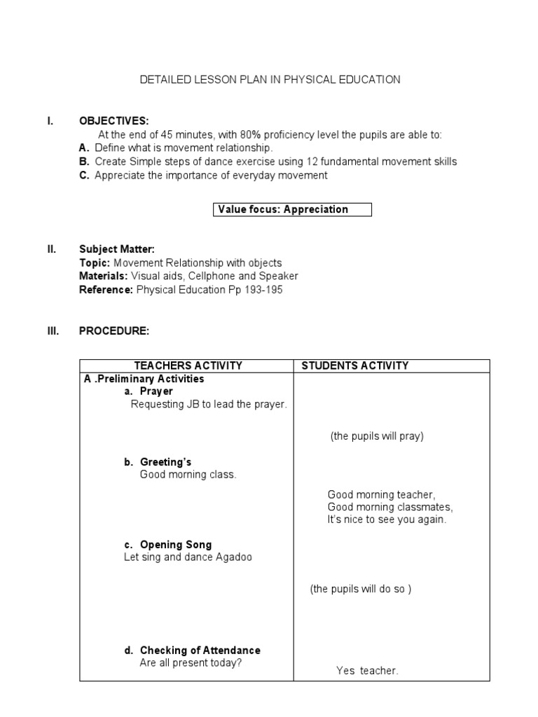 Detailed Lesson Plan in Physical Education | PDF | Teachers | Physical ...