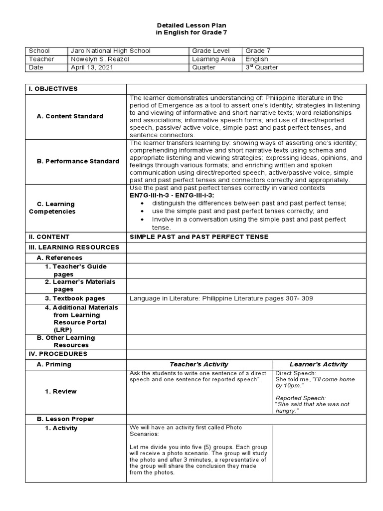 Detailed LP - Simple Past and Past Perfect Tense | PDF | Perfect ...