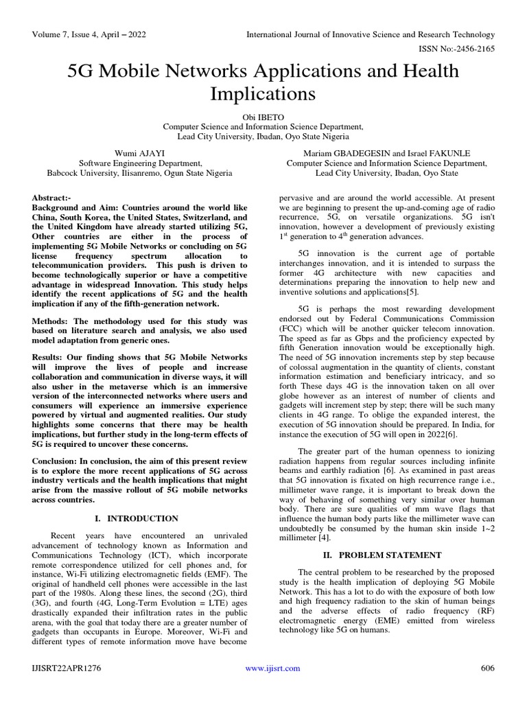 5G Mobile Networks Applications and Health Implications | PDF ...