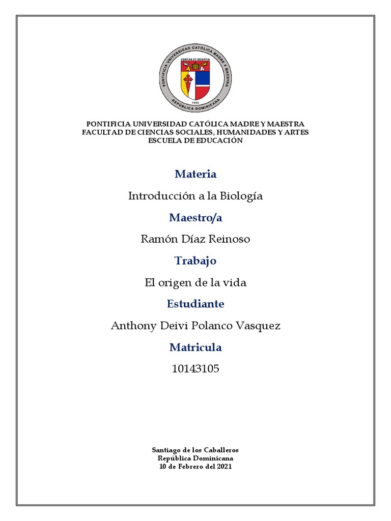 Anthony Polanco - El Origen de La Vida | PDF | Big Bang | Creacionismo