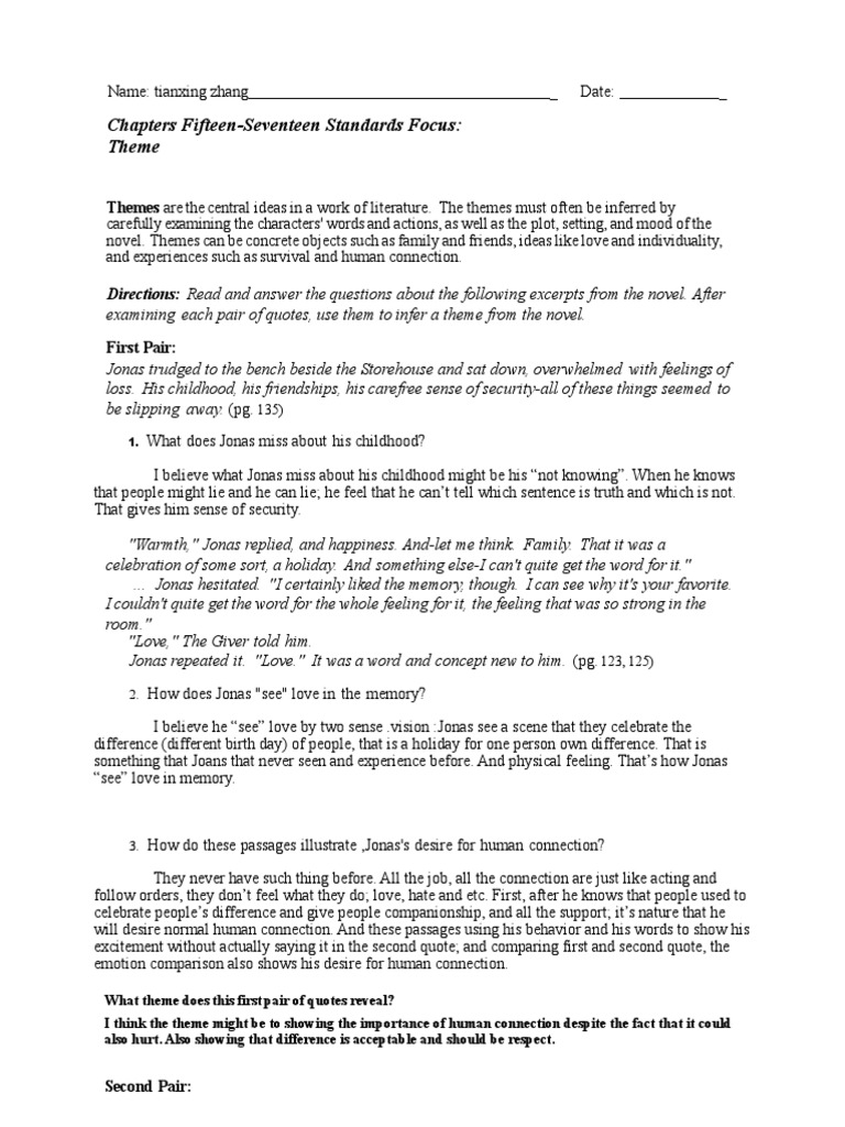 The Giver CH 15-17 Themes Focus Worksheet Tianxing Zhang | PDF | The ...