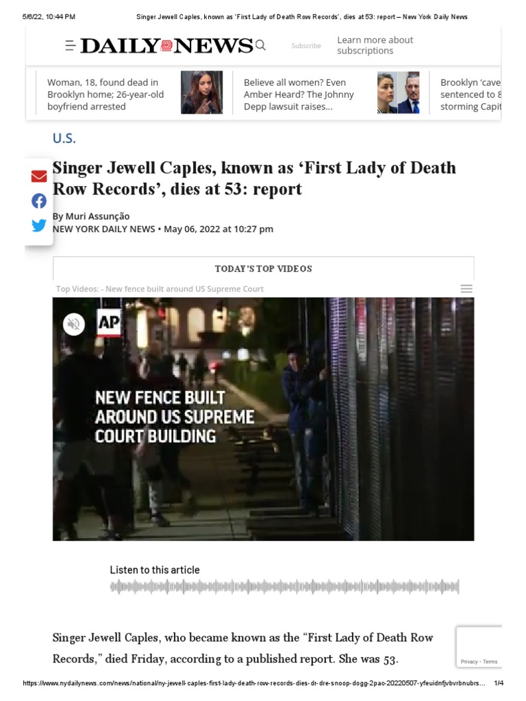 Singer Jewell Caples, Known As First Lady of Death Row Records', Dies ...