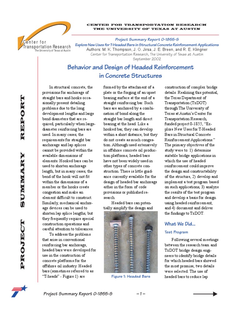 Behavior and Design of Headed Reinforcement in Concrete Structures ...