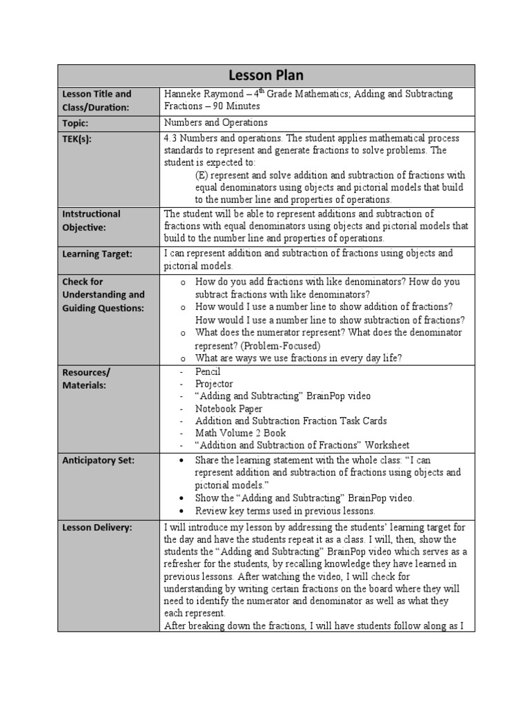 Lesson Plan: Lesson Title and Class/Duration: Topic: TEK(s) | Download ...