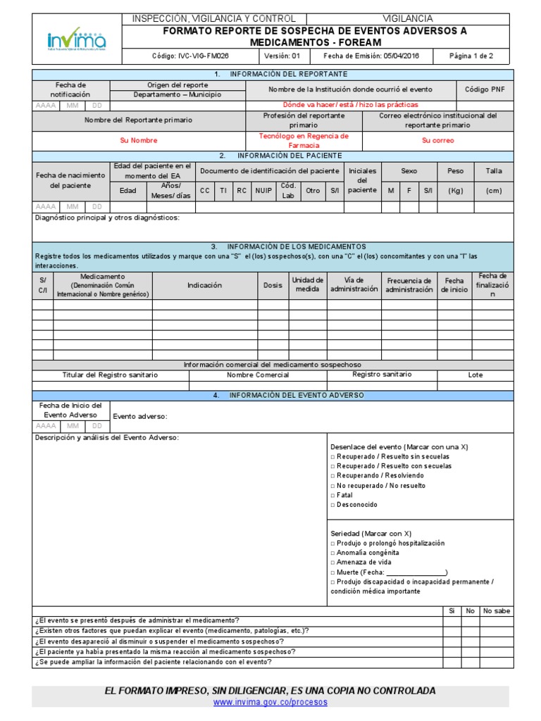 Formato FOREAM IVC-VIG-FM026 | PDF | Medicamentos con receta | Farmacéutico