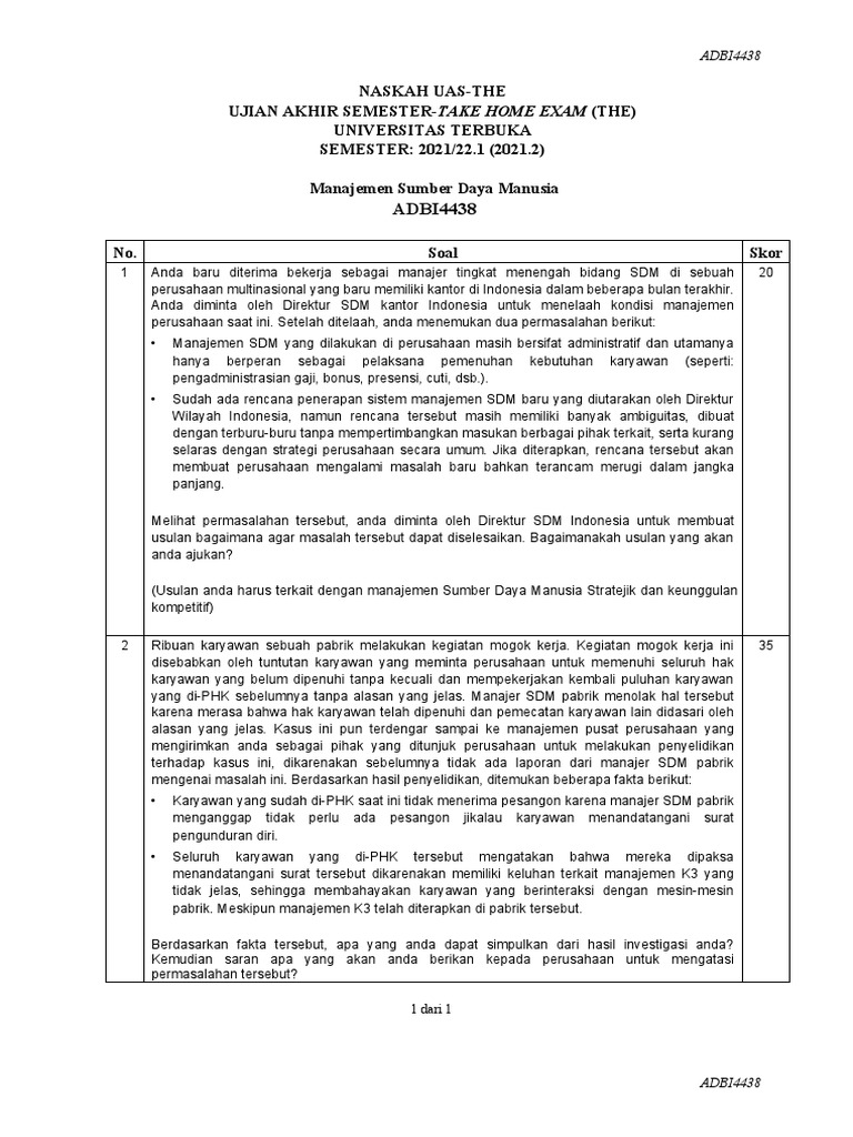Naskah Uas-The Ujian Akhir Semester-Take Home Exam (The) Universitas Terbuka SEMESTER: 2021/22.1 ...