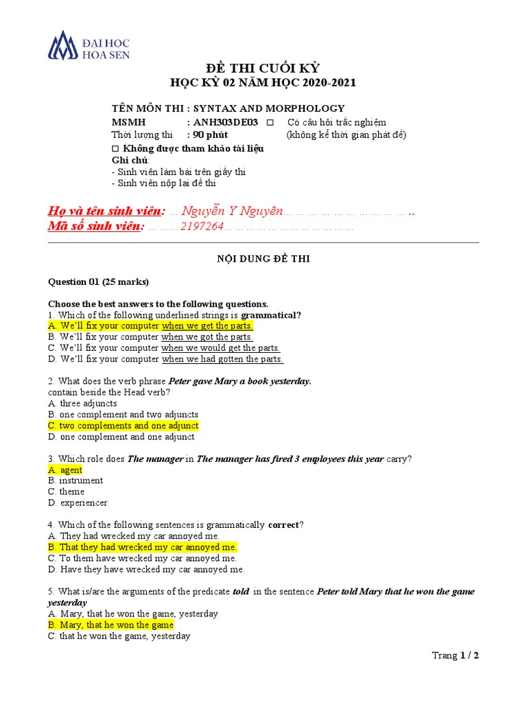 ĐỀ THI CUỐI KỲ - Morphology Syntax | PDF | Clause | Phrase
